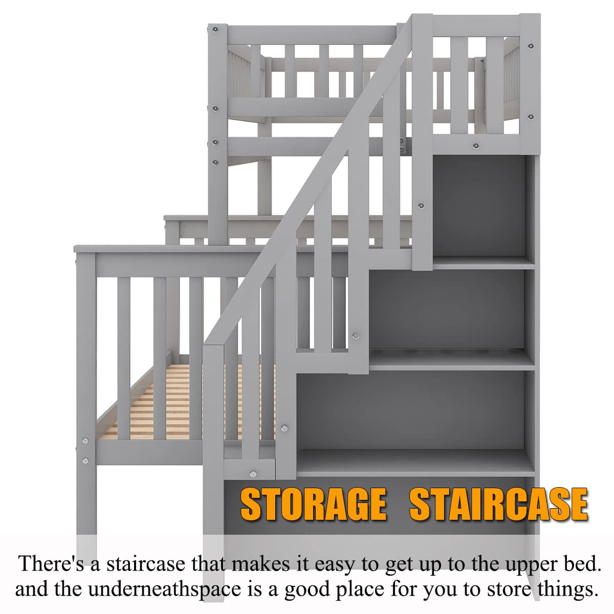 CITYLIGHT Twin Over Full Bunk Beds with Stairs, Wood Bunk Bed with Storage and Guard Rails,Stairway Bunk Beds Twin Over Full Size for Kids, Bedroom, Dorm, Teens, Adults,Grey