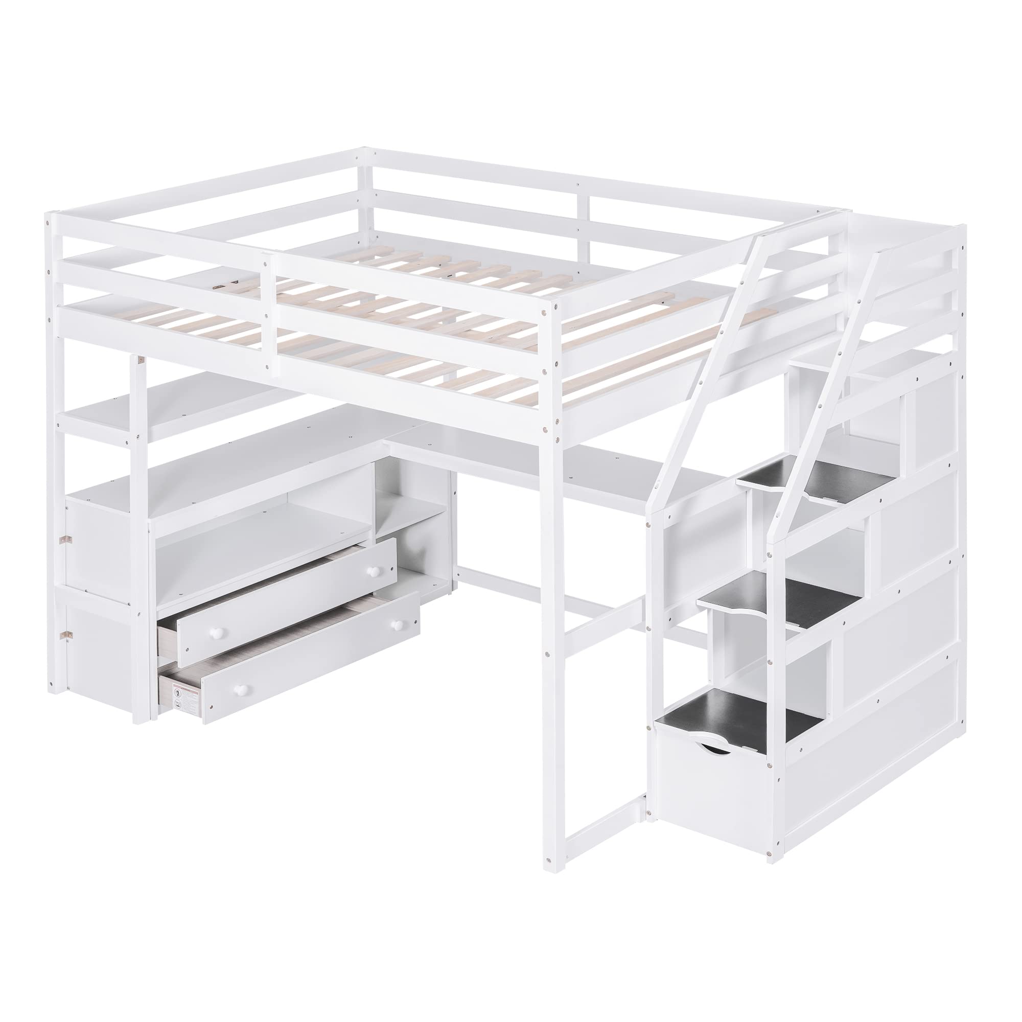 Full Loft Bed with Stairs and Desk, Wood Loft Bed Frame with Storage Cabinet, High Loft Beds with Drawers & Shelf for Kids, Juniors, Teen, Boys, Girls, White