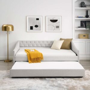 Antetek Daybed with Trundle, Modern Linen Upholstered Full Size Day Bed Button-Tufted Sofa Daybed Frame and A Trundle, No Box Spring Needed, Furniture for Bedroom Living Room Guest Room (Beige, Full)