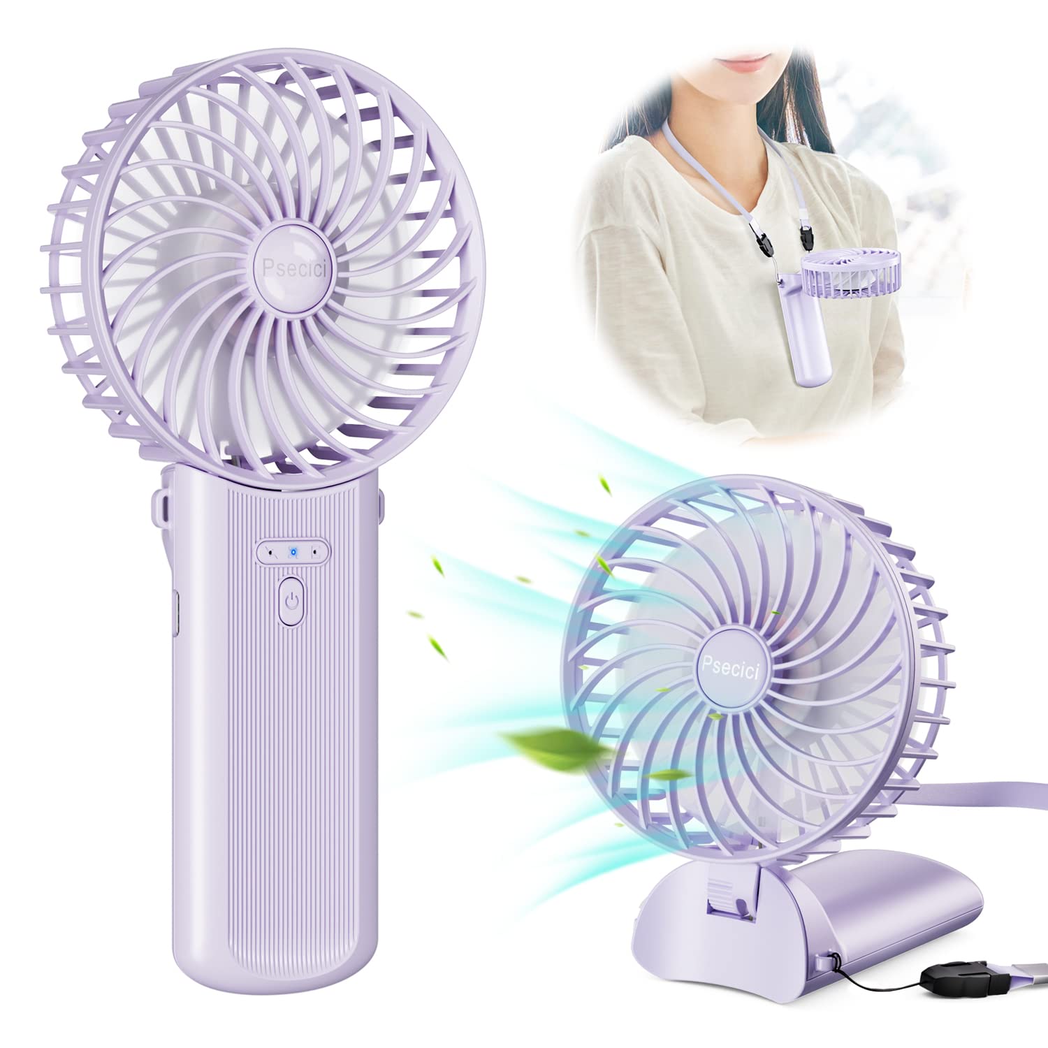 Psecici Handheld Fan, Mini Portable Fan with lanyard，4 Speeds Level Personal Fan, 180 Degree Foldable Desk Fan for Travel Outdoor Office Household