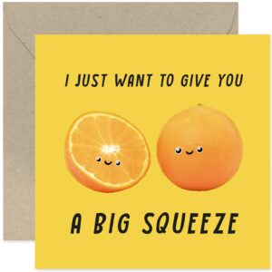 old english co. thinking of you card for him her - cute orange 'big squeeze' miss you card for men women - friendship thank you card - for sister, brother, best friend | blank inside with envelope