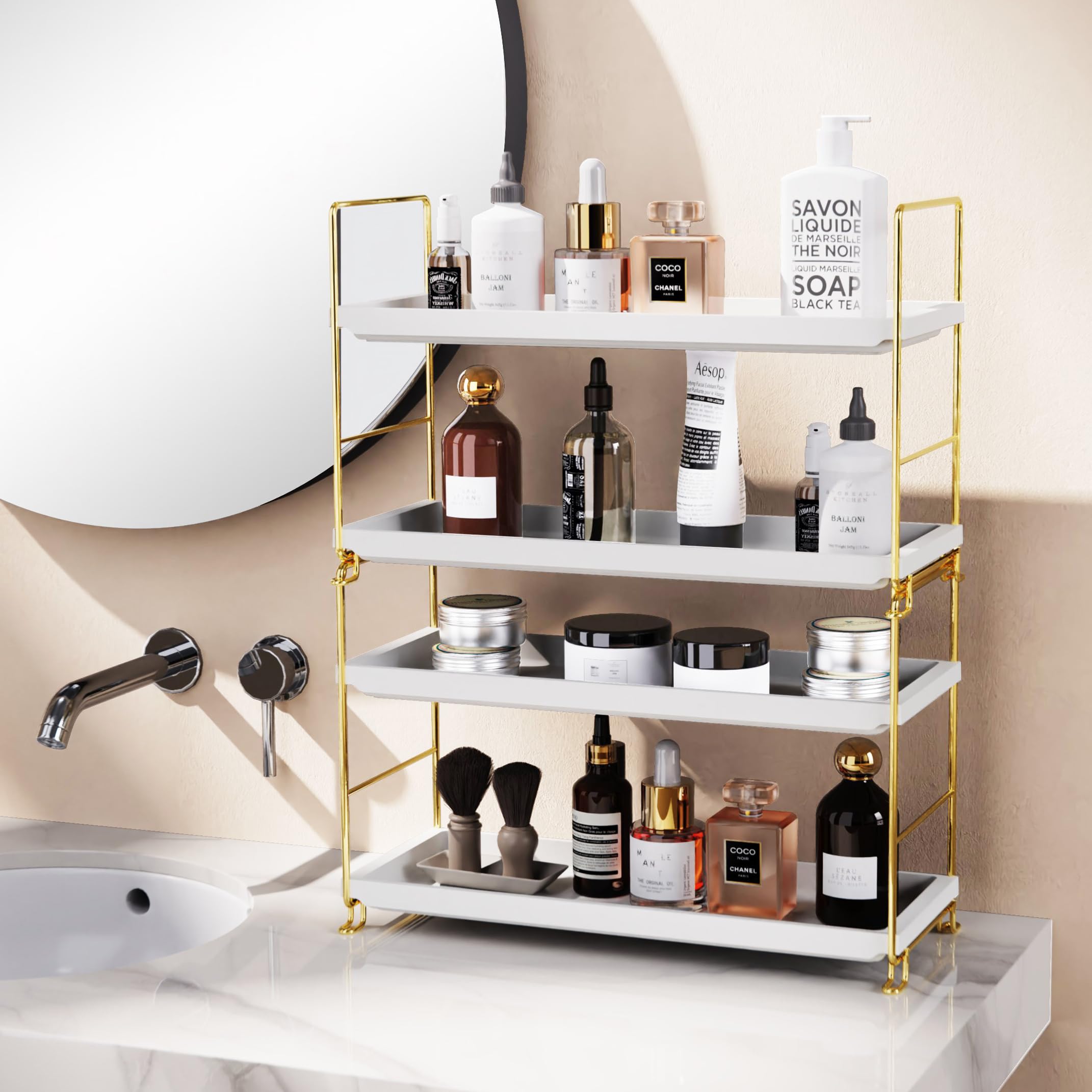 FSyueyun 2-Tier Makeup Shelf Organizer for Vanity, Bathroom Organizer Countertop Large Space Skincare Perfume Organizers or Kitchen Spice Rack (Gold)