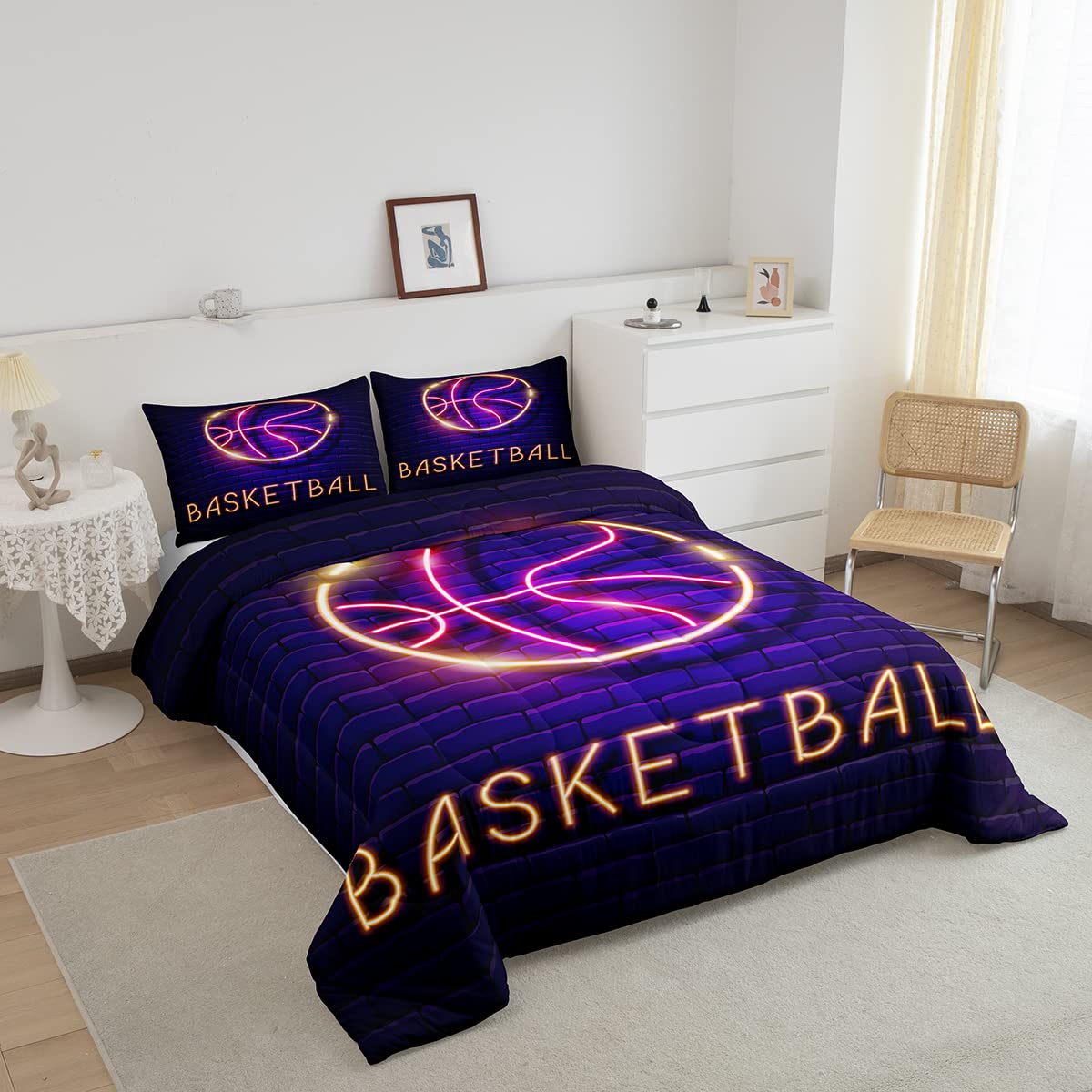 Cool Basketball Bedding Set Twin, Neon Ombre Basketball Comforter Set for Boys Kids Teens Bedroom, Gradient Purple Black Down Comforter, Sports Game Bedding Comforter Sets with 1 Pillow Sham Warm