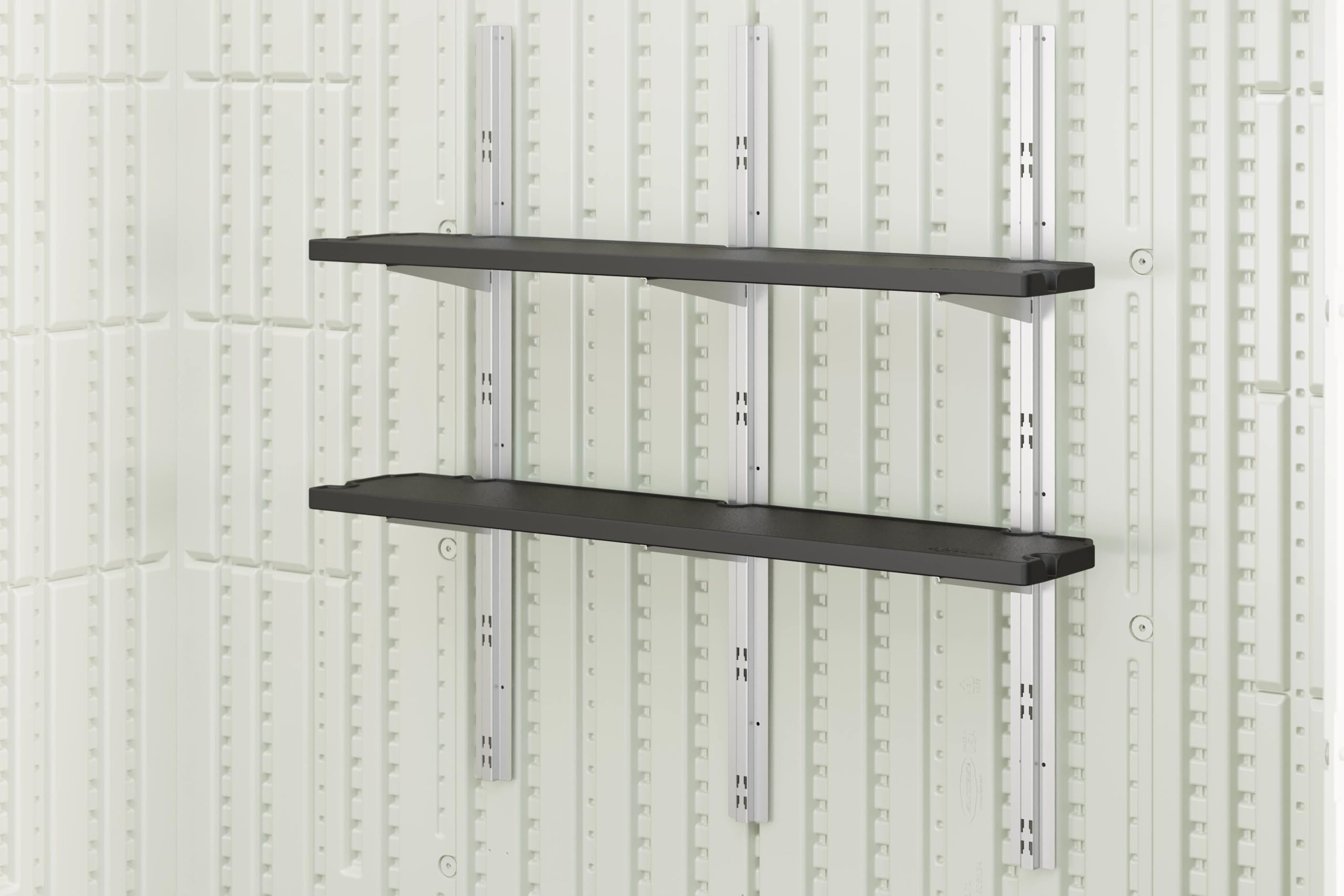 Suncast Storage Shed Shelf Kit, Set of 2 Space-Saving Adjustable Shelves for Outdoor Storage Sheds, 50" W x 11.25" D x 46.75" H, Black