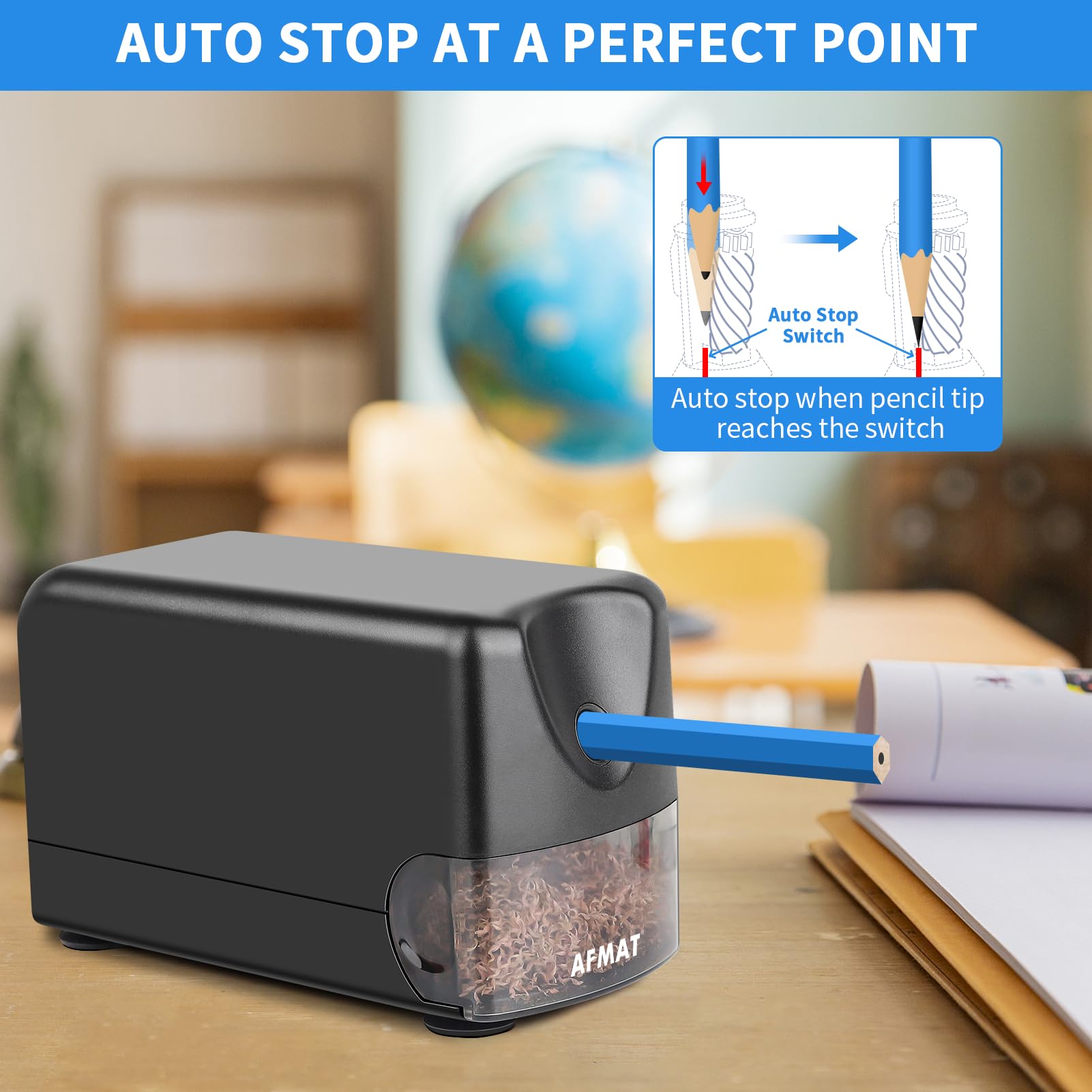 AFMAT Heavy Duty Electric Pencil Sharpener, Auto Stop Classroom Pencil Sharpeners for 6-11mm No.2/Colored Pencils, Pencil Sharpener for Large Pencils, Sharp Point, Save Pencils, Teachers Must Haves