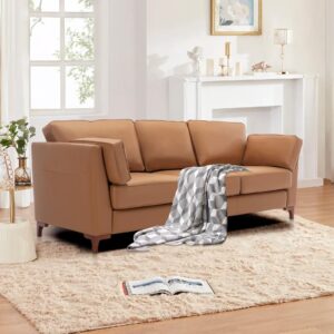 colamy faux leather sofa couch, modern 3-seater couch for living room/small space/bedroom, comfy couch with solid wooden frame and metal legs, brown