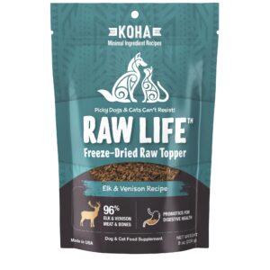 koha raw life freeze-dried raw topper elk & venison for dogs and cats, high protein meal topper for picky eaters with probiotics, 8oz bag