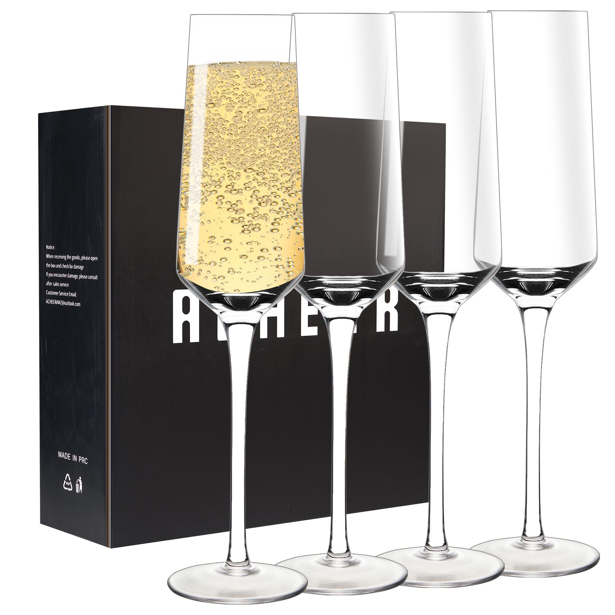 ACHEER Crystal Champagne Flutes Glasses Set of 4 - Elegant Champagne Glasses 8Oz, Hand Blown - Modern Champagne Flutes - Gift box - for Women, Men, Wedding, Anniversary, Christmas, Birthday