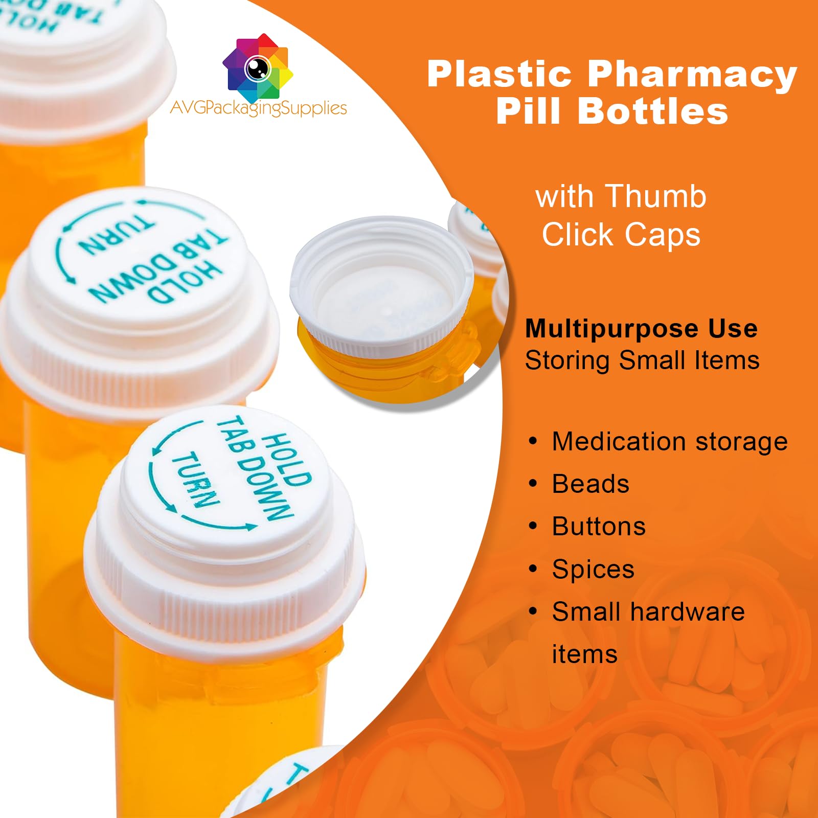 AVG Packaging Supplies Plastic Pharmacy Craft Pill Containers with Thumb Click Caps - Reversible Empty Perscription Bottles Prescription, 16 Dram Vials (12ct)