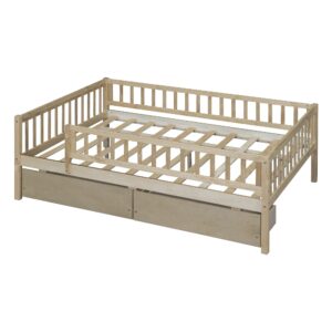 Full Size Bed Frame with Fence Railings and Storage Drawers, Wooden Montessori Style Kids Beds with Slats Support, Dual-use Daybed for Bedroom and Living Room, Natural