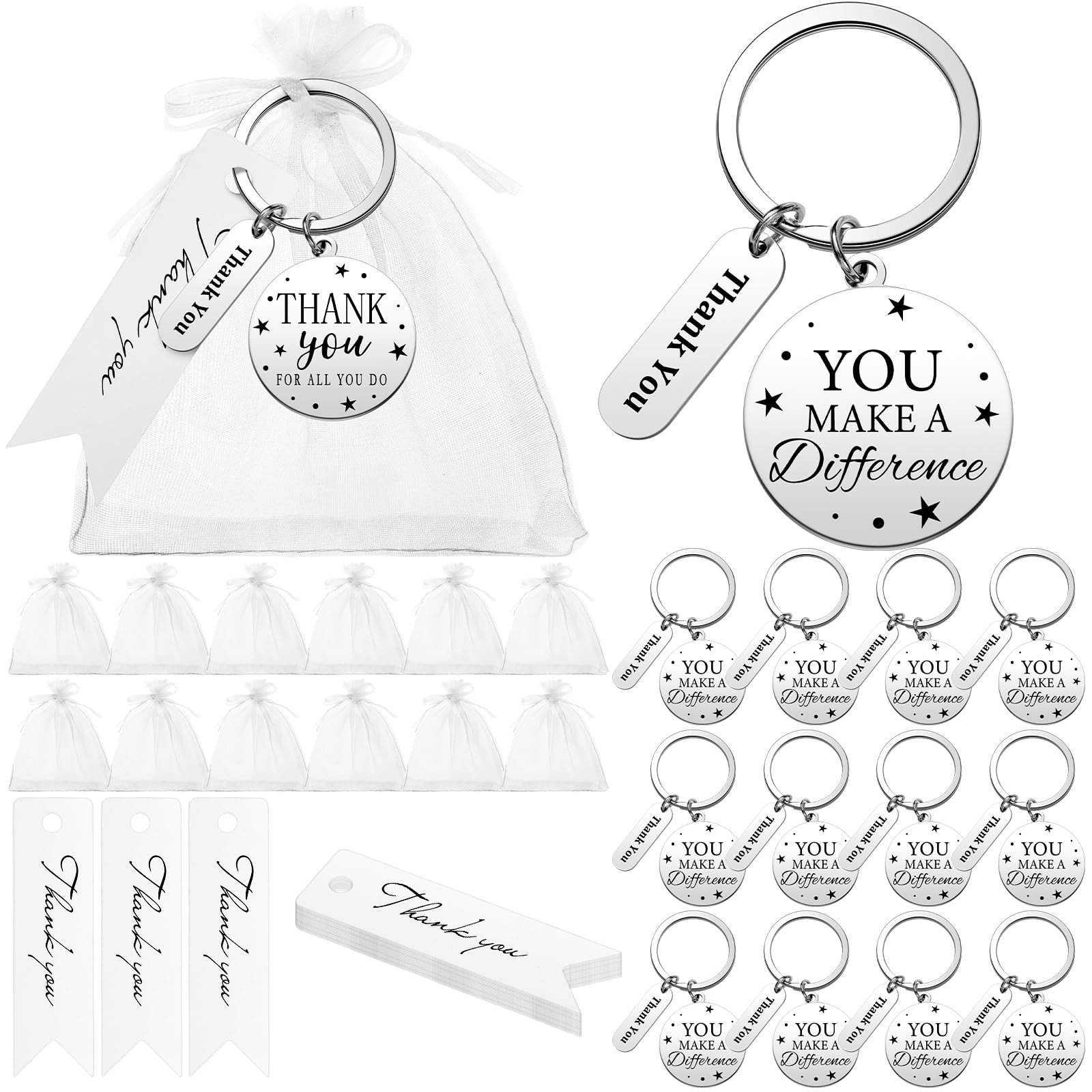 Huquary 48 Pcs Employee Appreciation Gifts Bulk Thank You Keychains for Coworkers with Organza Bags and Thank You Cards for Teams Staff Office Volunteers Appreciation Keychain(Silver)