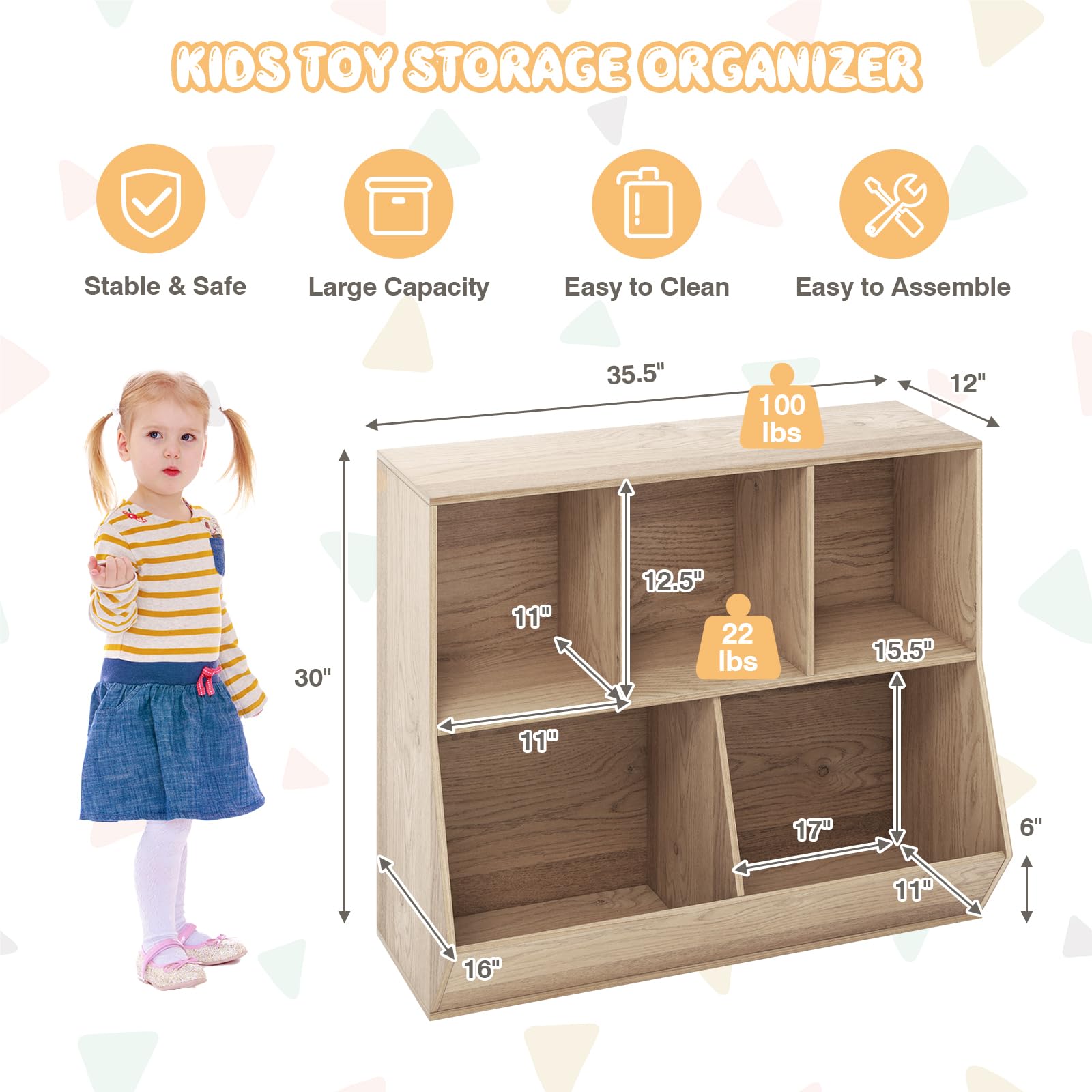 HONEY JOY Toy Storage Organizer with Bookcase, 5-Cubby Children Bookshelf Toy Storage Cabinet, Open Kids Toy Storage Shelf Book Display Rack for Playroom, Bedroom, Kindergarten, Nursery, School