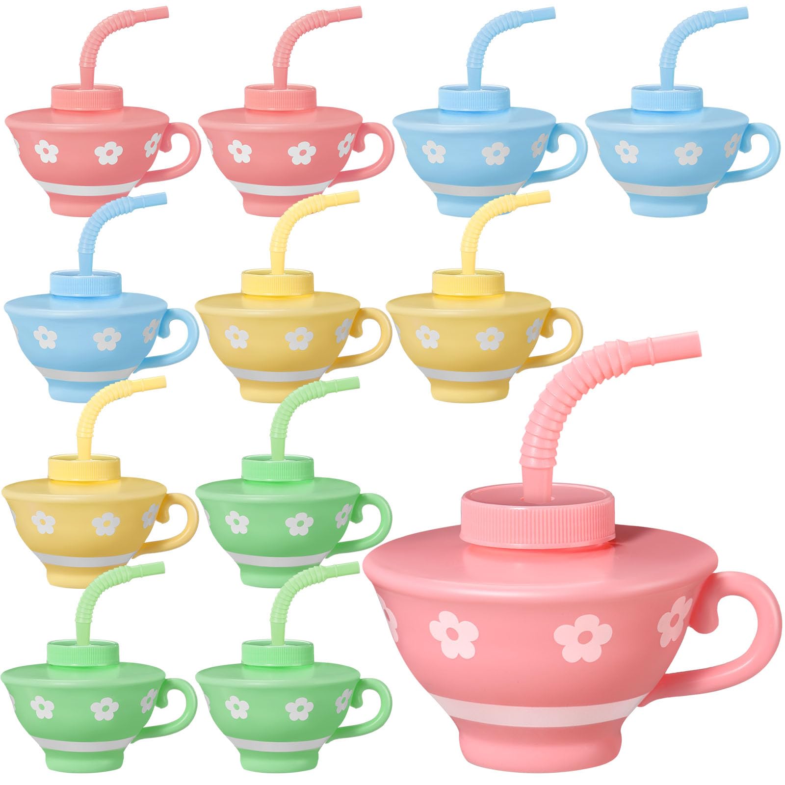 Zhehao Tea Cups with Straws and Lids, 9 oz Plastic Tea Cups Reusable Creative Party Tea Cups Bulk for Kids Birthday Baby Shower Princess Tea Party Supplies(12 Pieces)