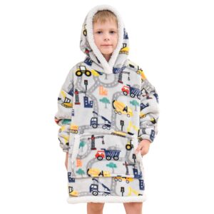 wearable blanket hoodie for kids, super warm and soft sherpa flannel sweatshirt blanket with giant pocket, hooded blanket for 2-6 year old boys gifts, construction truck