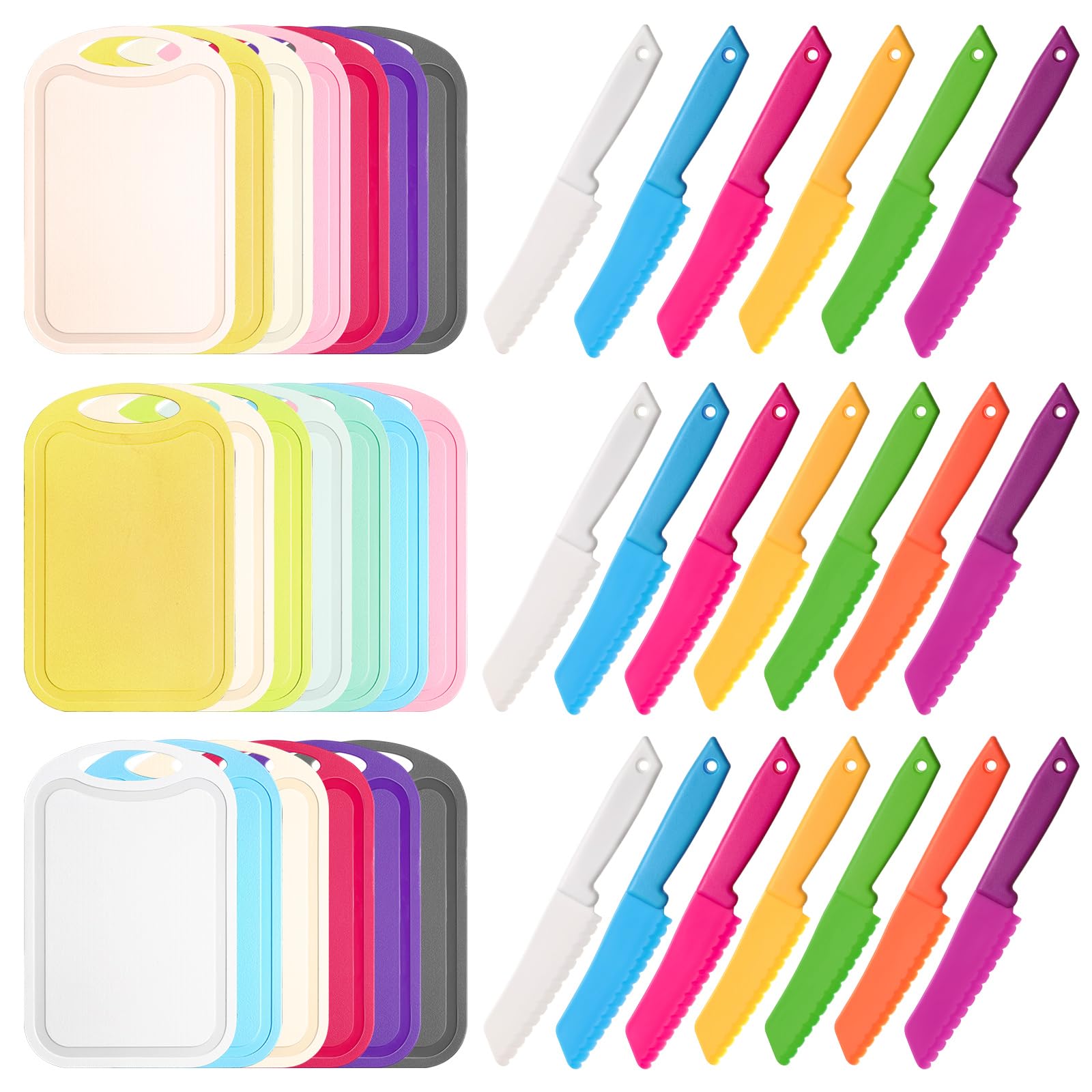 Dandat 60 Pcs Kids Knife Set Kids Plastic Knife with Cutting Board Toddler Knifes Serrated Edges Kids Chopping Board Kids Cooking Utensils for Salad Fruit Preschool Cooking Class Party