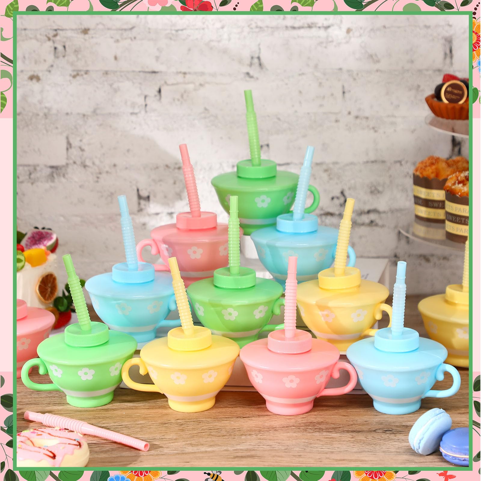 Zhehao Tea Cups with Straws and Lids, 9 oz Plastic Tea Cups Reusable Creative Party Tea Cups Bulk for Kids Birthday Baby Shower Princess Tea Party Supplies(12 Pieces)