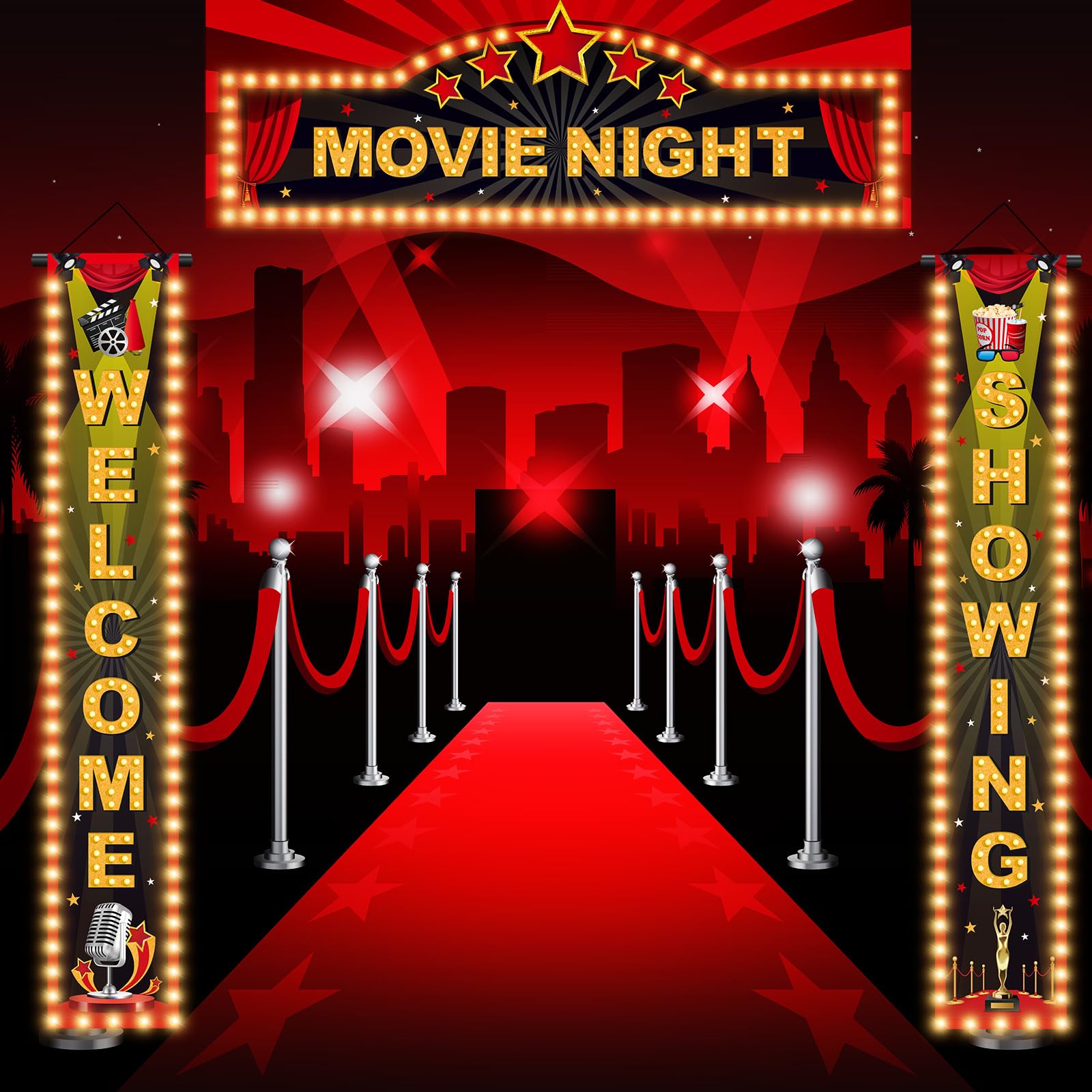 3 Pieces Light Movie Night Porch Sign Banner LED Movie Theme Party Decorations Movie Theater Welcome Now Showing Lights Camera Action Hanging Porch Sign for Home Film Backdrop Party Supplies