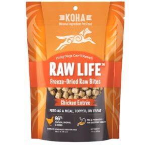 koha raw life freeze-dried raw bites chicken for dogs, high protein meal, topper, and treat for picky eaters, 14oz bag