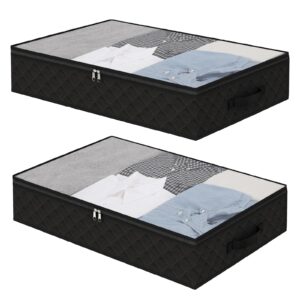 fixwal black underbed storage bags with clear window and 2 reinforced handles under bed storage containers for clothing, bedding, comforter (2 pack)