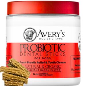 avery's holistic paws probiotic dog dental treats - dog teeth cleaning, gut health, freshens breath, 23 bacon dog dental chews, 3 inches each - natural & organic dog oral care treats - made in usa