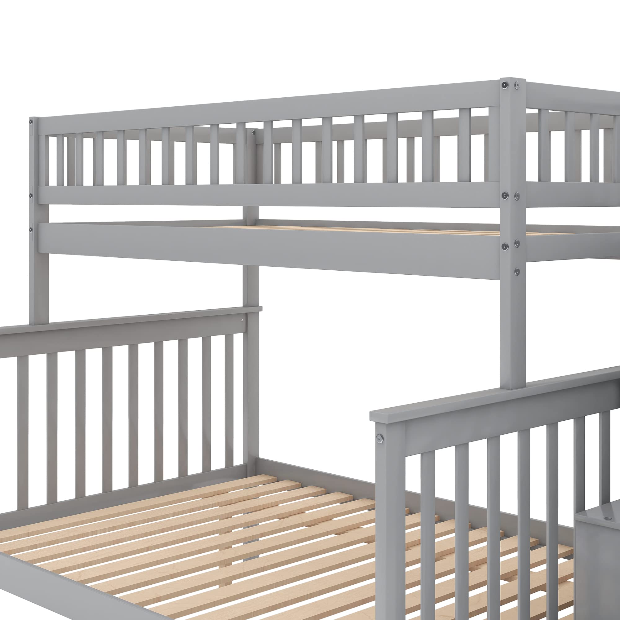 CITYLIGHT Twin Over Full Bunk Beds with Stairs, Wood Bunk Bed with Storage and Guard Rails,Stairway Bunk Beds Twin Over Full Size for Kids, Bedroom, Dorm, Teens, Adults,Grey