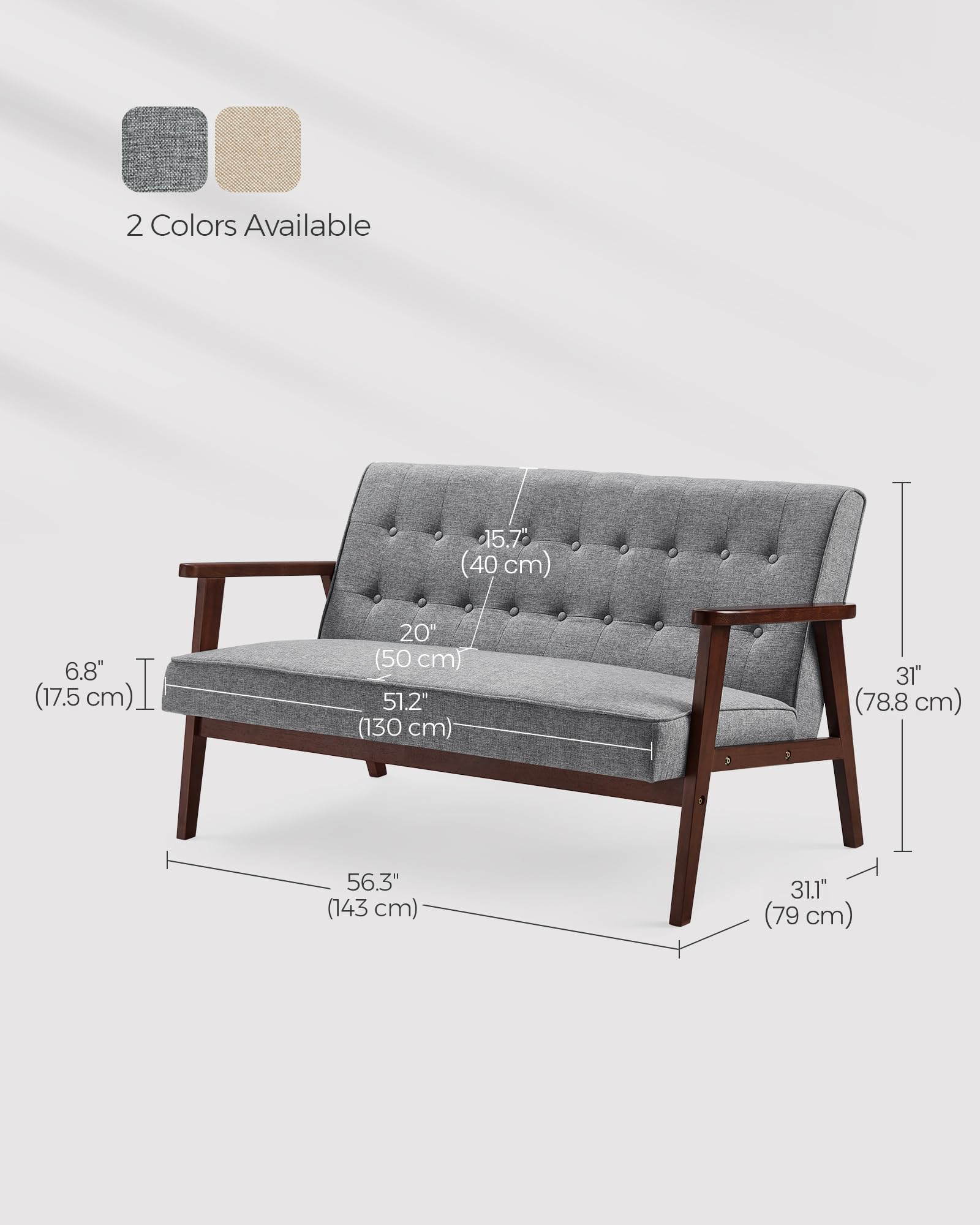 SONGMICS Loveseat Sofa, 2 Seater Cushioned Couch for Small Spaces, Mid-Century Modern 51.2-Inch Wide Seat with Solid Wood Armrests, Easy Assembly, for Living Room Bedroom, Dove Gray ULAC012G01