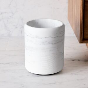 ql design bathroom trash can - decorative bathroom wastebasket finished in resin, beautiful marble look, modern round waste basket for bathroom, powder room or living room (marble style)