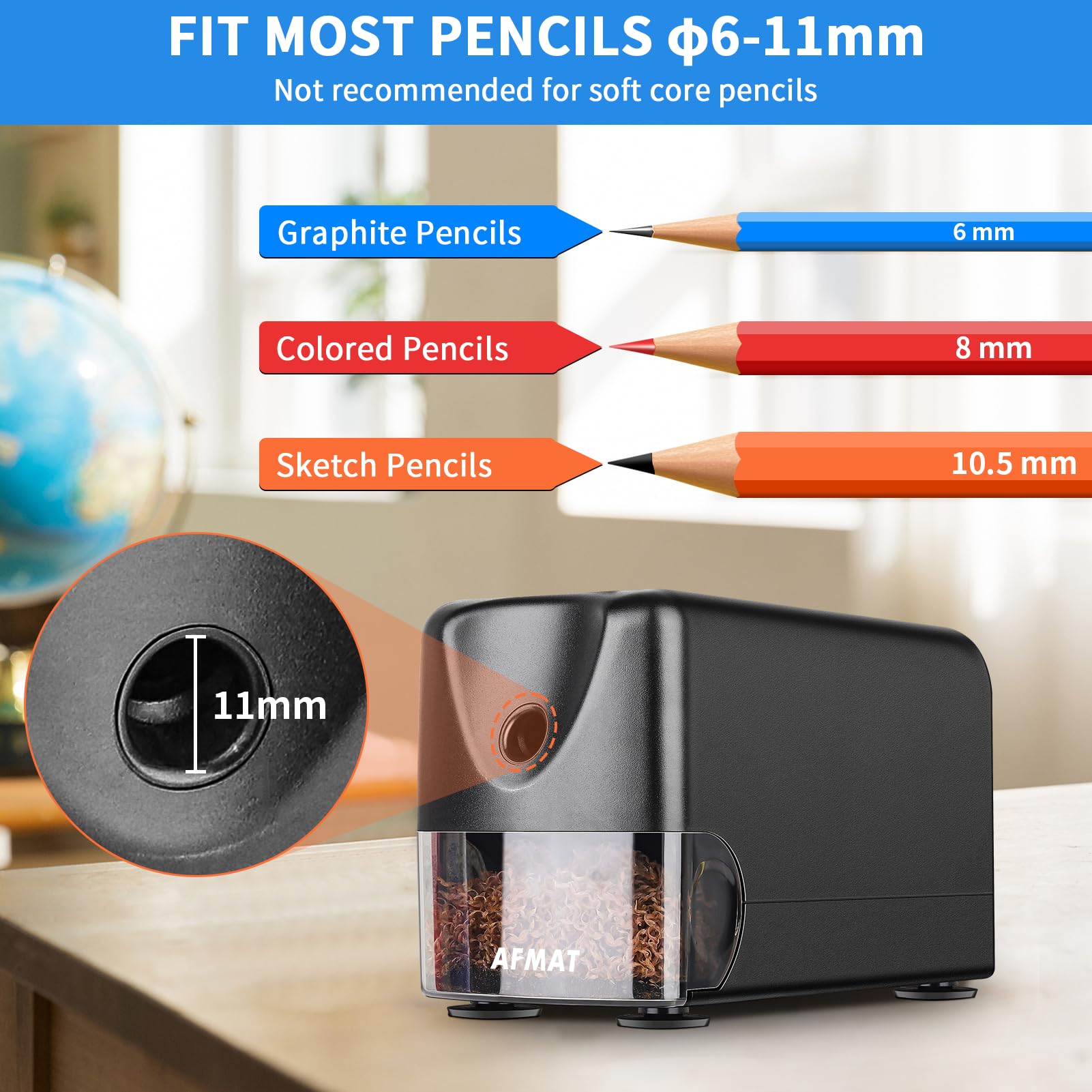 AFMAT Heavy Duty Electric Pencil Sharpener, Auto Stop Classroom Pencil Sharpeners for 6-11mm No.2/Colored Pencils, Pencil Sharpener for Large Pencils, Sharp Point, Save Pencils, Teachers Must Haves