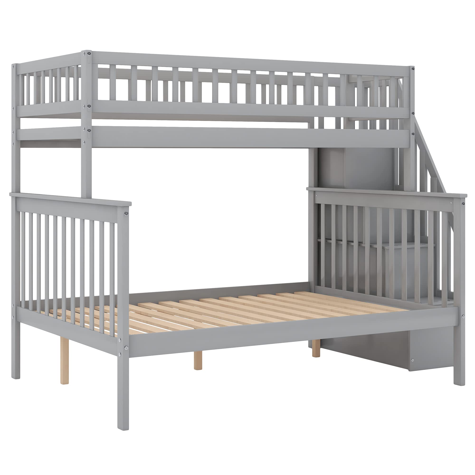 CITYLIGHT Twin Over Full Bunk Beds with Stairs, Wood Bunk Bed with Storage and Guard Rails,Stairway Bunk Beds Twin Over Full Size for Kids, Bedroom, Dorm, Teens, Adults,Grey