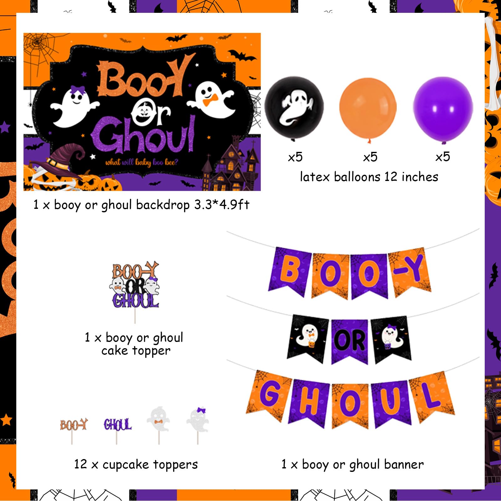 Halloween Gender Reveal Decorations, Booy or Ghoul Banner Backdrop, Orange and Purple Gender Reveal Decorations, Ghost Balloons for Halloween Baby Shower Decorations