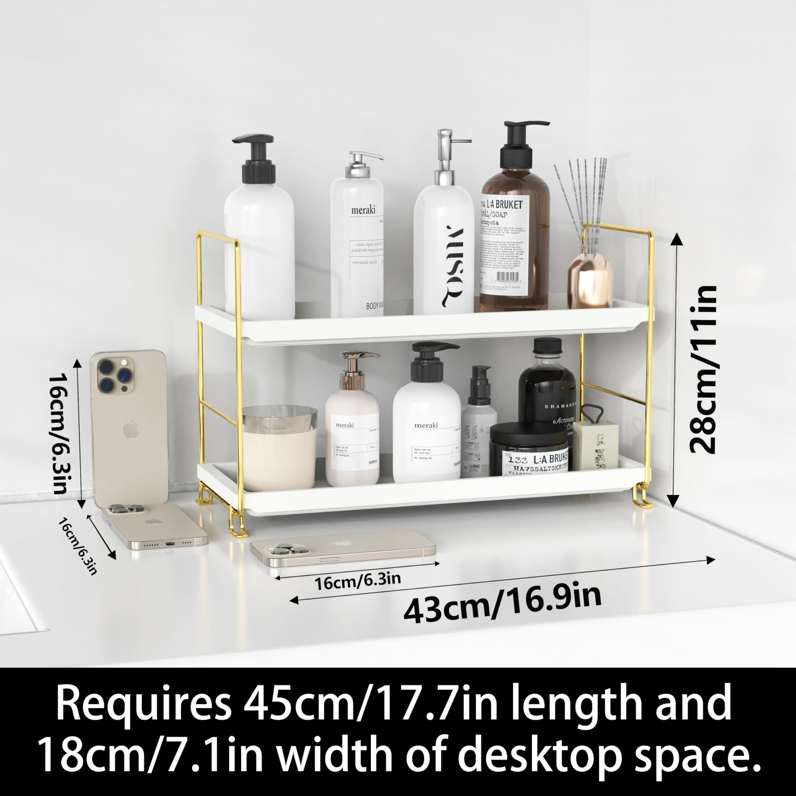 FSyueyun 2-Tier Makeup Shelf Organizer for Vanity, Bathroom Organizer Countertop Large Space Skincare Perfume Organizers or Kitchen Spice Rack (Gold)