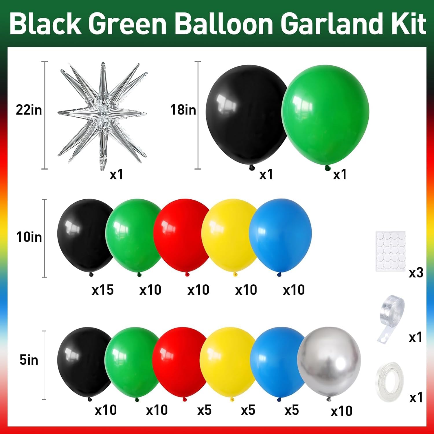 Black Red Yellow Green Balloon Garland Arch Kit, Colorful with Black Red Blue Yellow Green Metallic Silver Balloons Supplies for Birthday, Carnival, Superhero, Robot Blocks, Video Game Themed Party