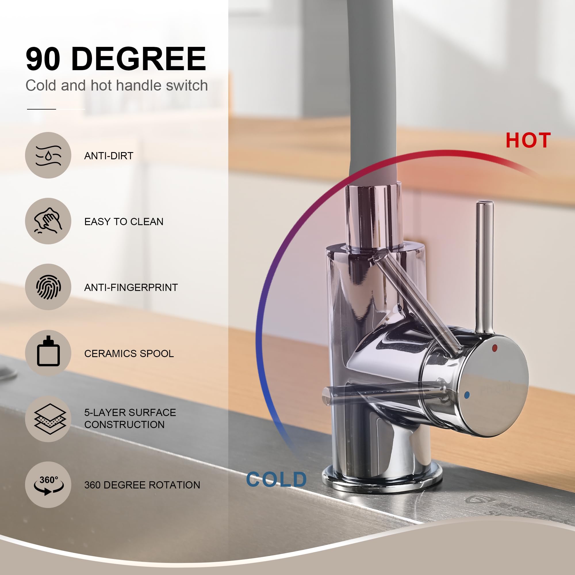 PHICHI Pull Out Kitchen Sink Faucet, 360° Free Bending Kitchen Faucet, Adjustable Sink Kitchen Faucet,Hot and Cold Kitchen Faucet, Universal Foaming Pipe,Grey