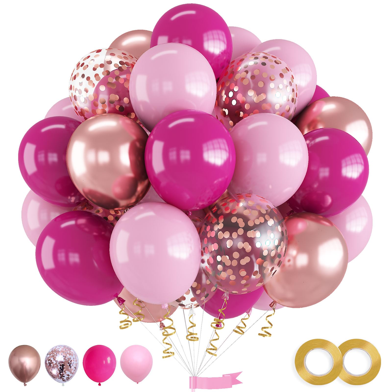 Pink Balloons, 60 Pcs Hot Pink Balloons Set with Rose Gold Confetti Metallic Rose Gold Balloons, 12 Inch Magenta Fuchsia Pink Baby Pink Balloons for Bridal Shower Wedding Girls Birthday Party