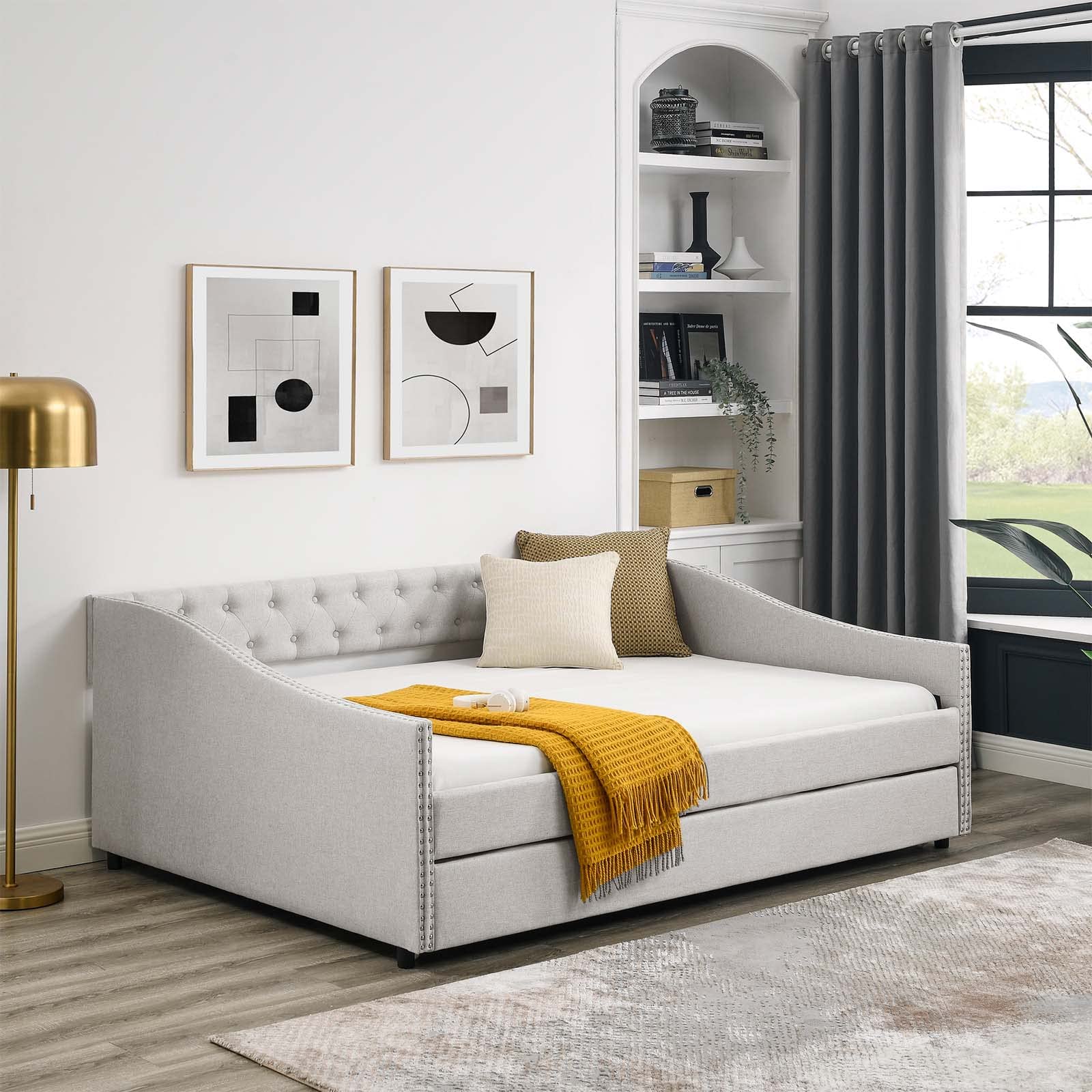 Antetek Daybed with Trundle, Modern Linen Upholstered Full Size Day Bed Button-Tufted Sofa Daybed Frame and A Trundle, No Box Spring Needed, Furniture for Bedroom Living Room Guest Room (Beige, Full)