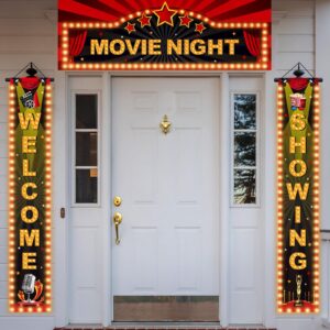 3 pieces light movie night porch sign banner led movie theme party decorations movie theater welcome now showing lights camera action hanging porch sign for home film backdrop party supplies