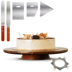 13" acacia cake stand rotating – rustic wood pedestal stands turntable with 2 icing spatulas, 3 smoothers – wooden spinning cake decorating serving for cupcake dessert display in party, wedding