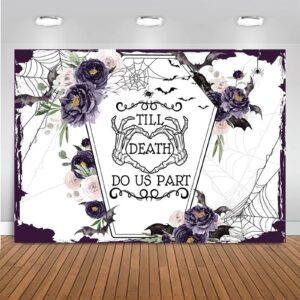 mocsicka till death do us part backdrop mr and mrs skull halloween wedding party decoration flower coffin bachelorette bridal shower engagement party banner (purple, 7x5ft(82''x60''))