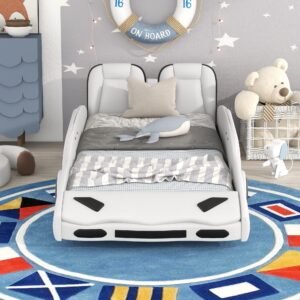 Harper & Bright Designs Twin Size Race Car-Shaped Platform Bed with Wheels, White