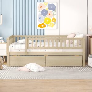 Full Size Bed Frame with Fence Railings and Storage Drawers, Wooden Montessori Style Kids Beds with Slats Support, Dual-use Daybed for Bedroom and Living Room, Natural