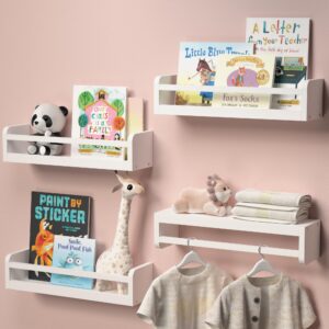 boswillon dual-guard nursery book shelves set of 4, wood floating shelves for nursery room wall decor, wall mount kids bookshelf for baby bedroom storage, toddler toy hanging wall organizer - white