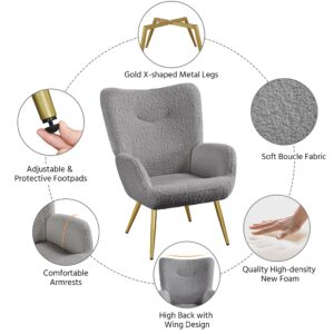 Yaheetech Boucle Reading Chair, Sherpa Furry Casual Accent Chair with High Back and Soft Padded, Modern Fuzzy Sherpa Chair, Cozy Armchair for Living Room Bedroom Office, Gray