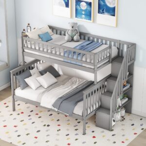 CITYLIGHT Twin Over Full Bunk Beds with Stairs, Wood Bunk Bed with Storage and Guard Rails,Stairway Bunk Beds Twin Over Full Size for Kids, Bedroom, Dorm, Teens, Adults,Grey