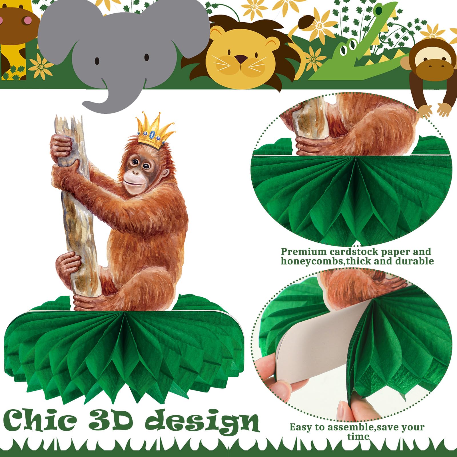 Yeaqee 12 Pcs Jungle Animals Honeycomb Centerpieces Safari Jungle Themed Birthday Party Supplies Wild Animals Jungle Party Decorations Baby Shower Table Decorations for Boys Girls (Fresh Style)