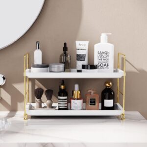 FSyueyun 2-Tier Makeup Shelf Organizer for Vanity, Bathroom Organizer Countertop Large Space Skincare Perfume Organizers or Kitchen Spice Rack (Gold)