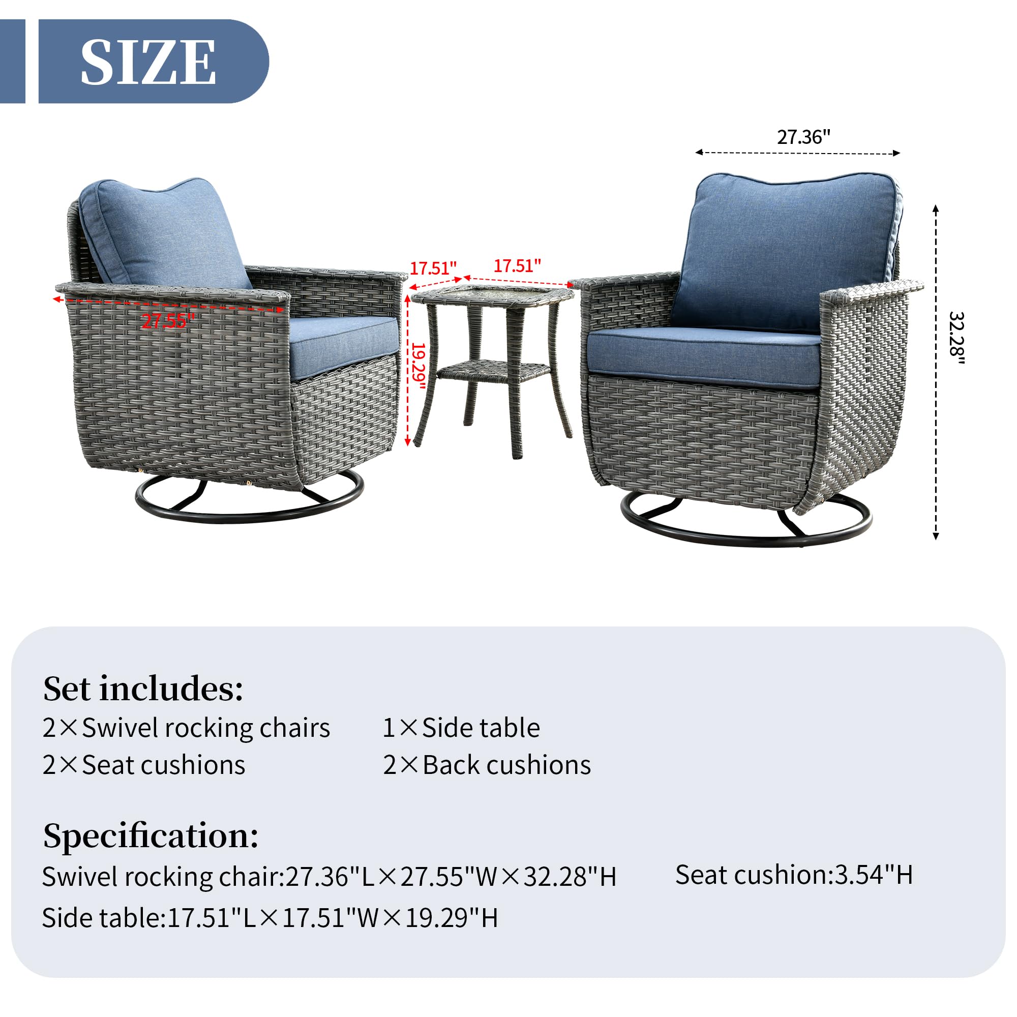 ovios 3 Pieces Patio Rocking Swivel Chairs with Side Table, Outdoor Wicker Rattan Rocker Chair of 2 with High Back Comfy Cushions for Porch Deck Garden (Grey Wicker-Denim Blue)