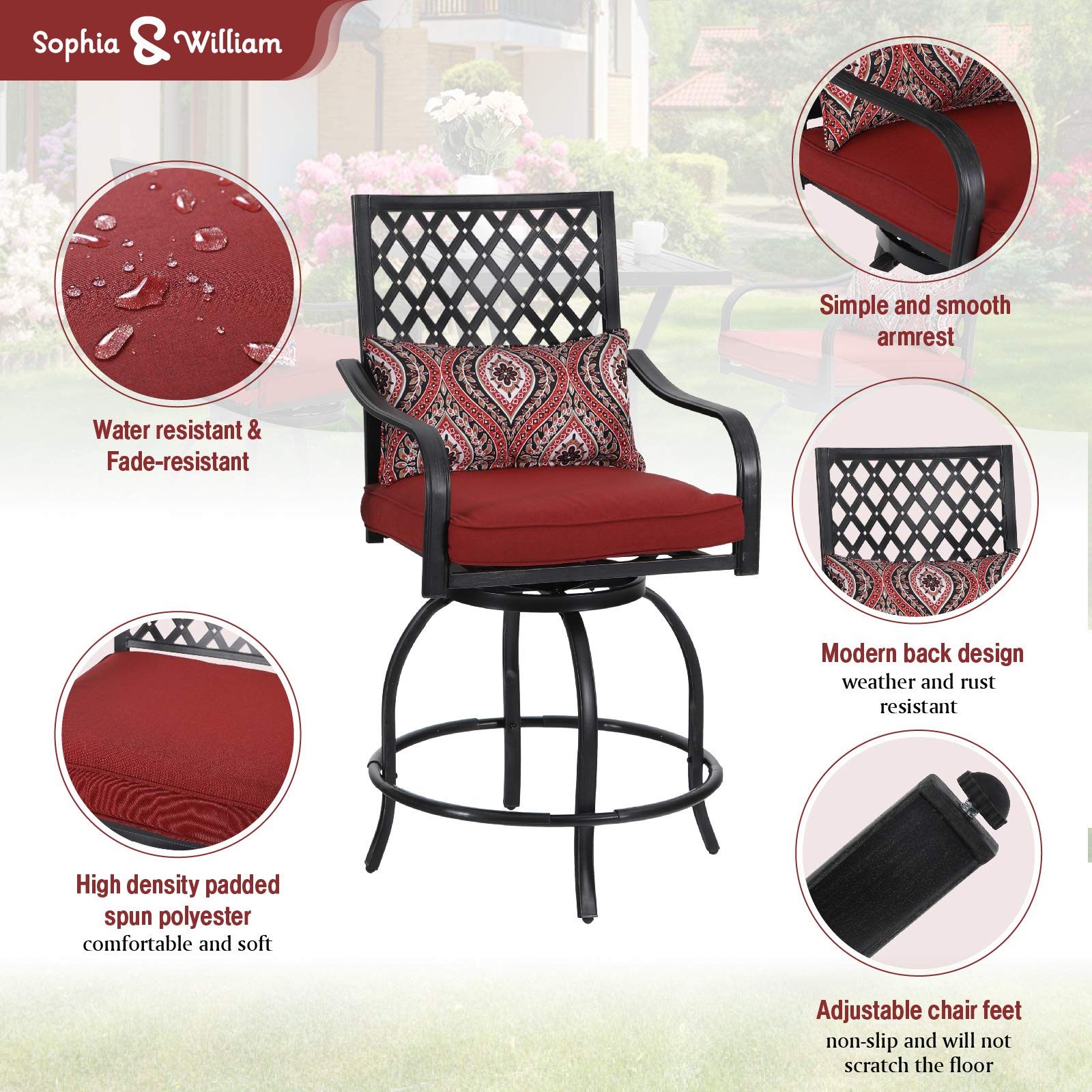 Sophia & William Outdoor Swivel Bar Stools Set of 6 Patio Bar Height Dining Chairs, All-Weather Metal Furniture Set with Armrest and Cushion for Garden Lawn Backyard, Red