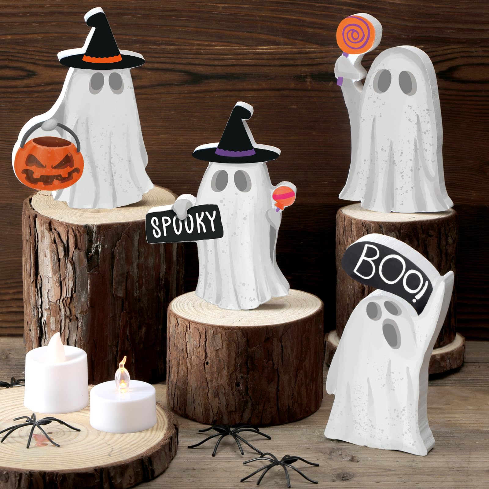 Thyle 4 Pieces Halloween Tiered Tray Decor Halloween White Ghosts Wooden Signs Wood Cute Ghost Figurine Farmhouse Boo Spooky Table Sign for Kitchen Decoration Home Table Centerpiece Party Supplies