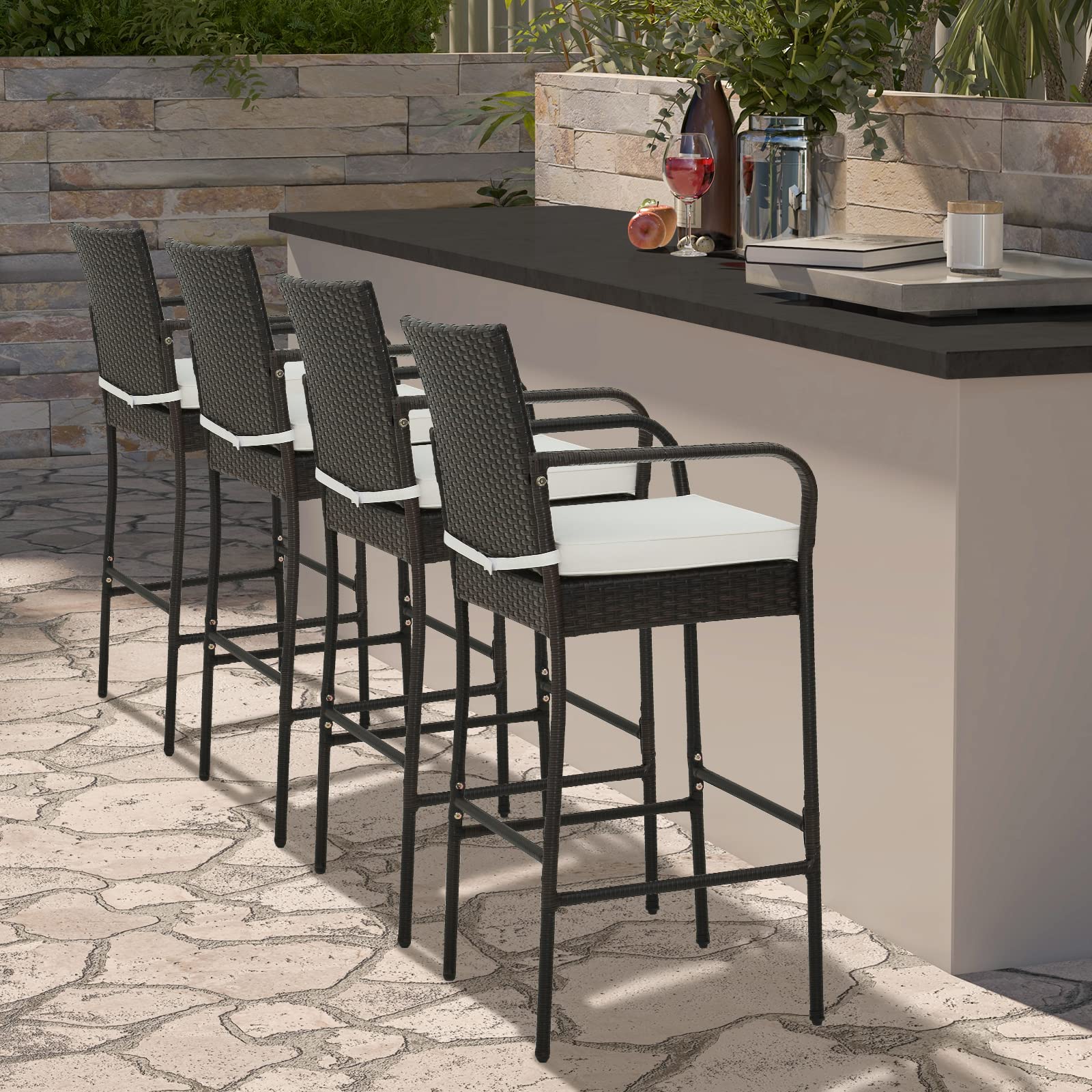 HAPPYGRILL Wicker Bar Stools Set of 4, Bar Chairs with Armrests, Footrests, Seat Cushions, Outdoor High Back Bar Stools for Patio Balcony Poolside