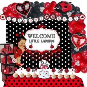 126 pcs ladybug baby shower decorations, fiesec ladybug baby shower supplies welcome little ladybug backdrop balloon garland banner tablecloth cake topper walking balloon polka dots heart flower